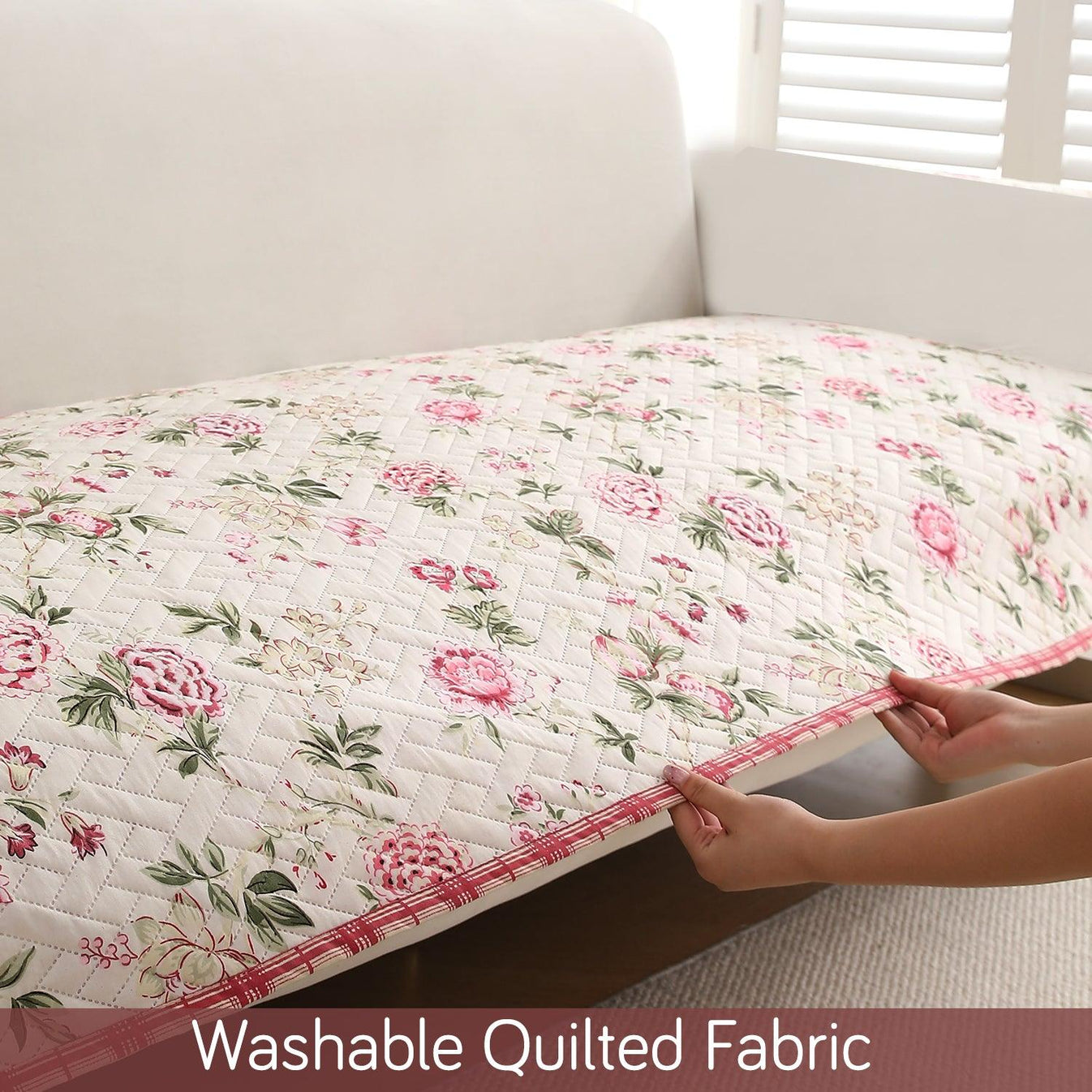 Quilted Sofa Cover Seat Mat for 1/2/3 Seater, Beige Peonies – HOKIPO ...