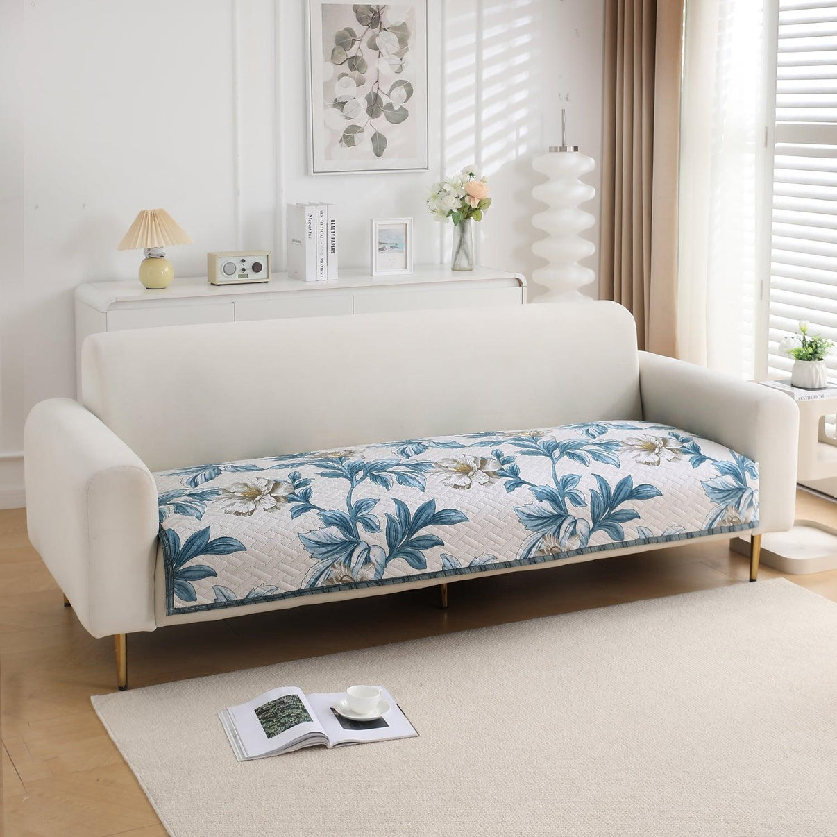 Quilted Sofa Cover Seat Mat for 1/2/3 Seater, Celadon Blue Camellia ...